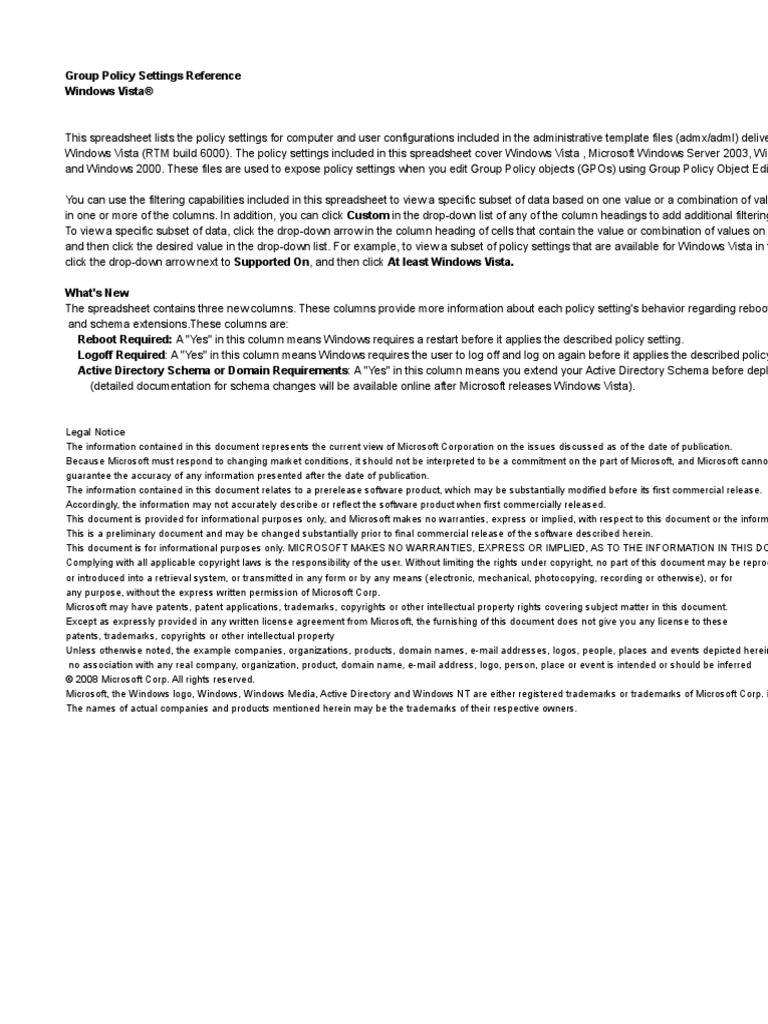 Windows Vista Group Policy Settings | PDF | Group Policy | Copyright