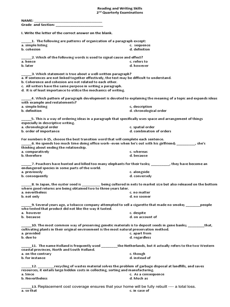 Reading and Writing 2nd QRTR Exam | PDF | Paragraph