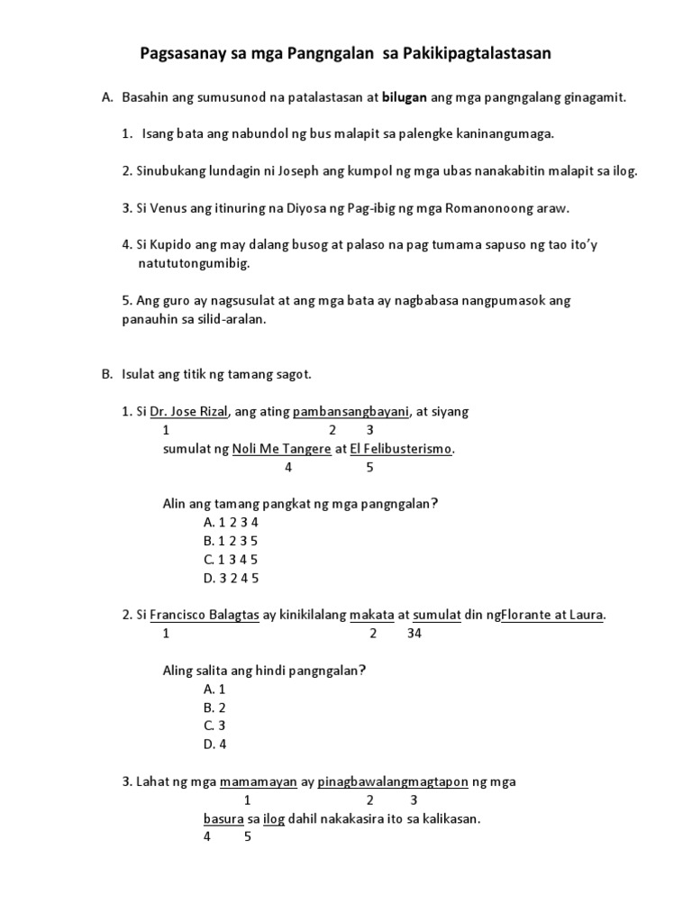 Pagsasanay Sa Mga Pangngalan Sa Pakikipagtalastasan | PDF