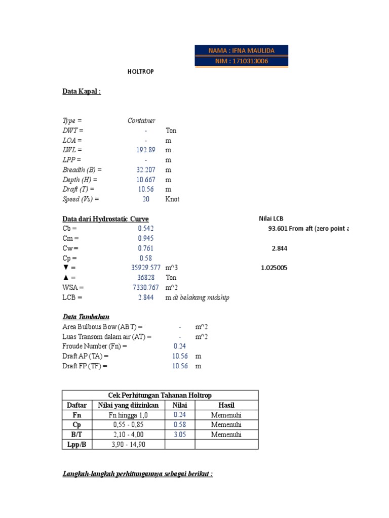 Data Kapal:: Type Container DWT Loa LWL LPP Breadth (B) Depth (H) Draft ...