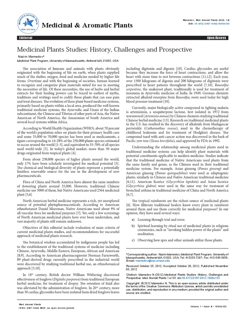 Medicinal Plants Studies History Challenges and Prospective | PDF ...