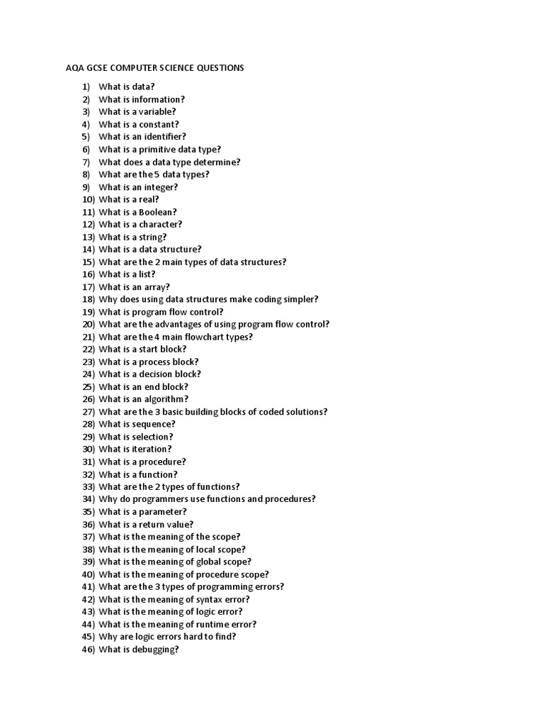 Aqa Gcse Computer Science Questions From Notes | PDF | Data Type ...