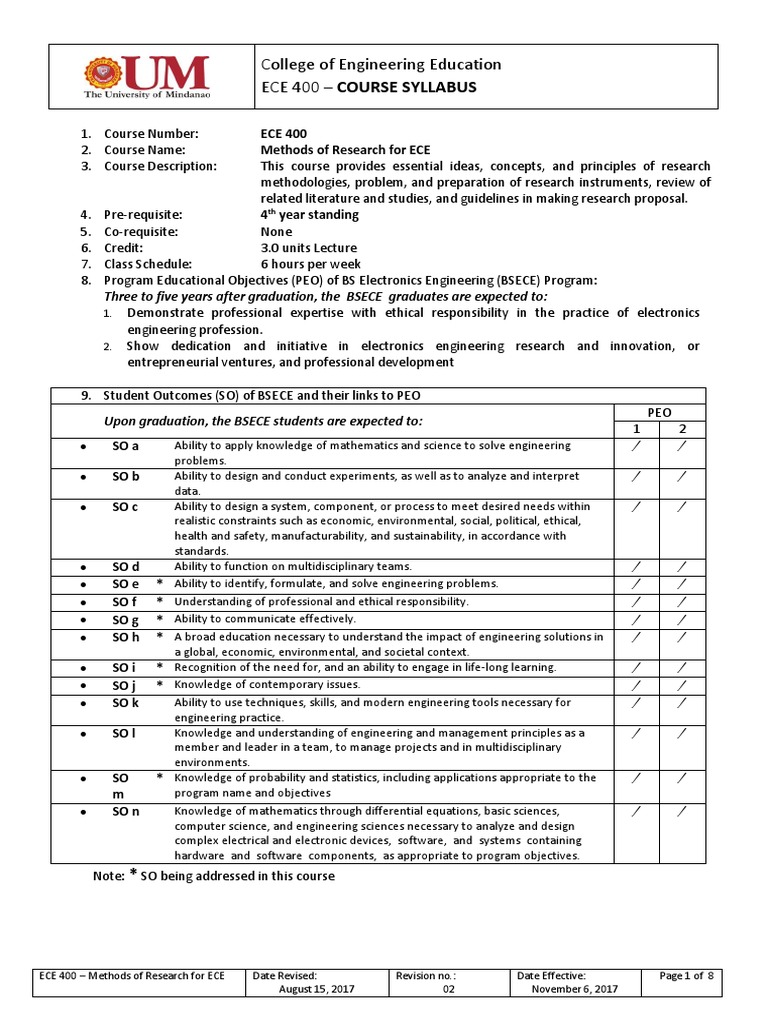 College of Engineering Education Ece 400 - Course Syllabus | PDF ...