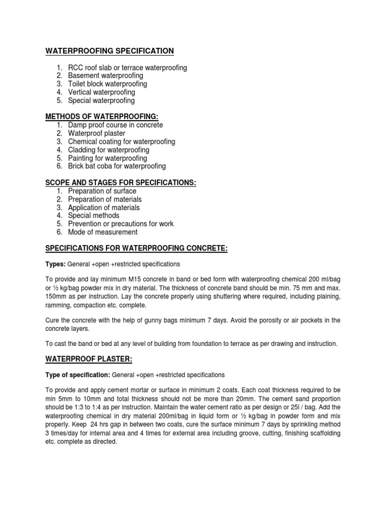 Waterproofing Specification Guide | PDF | Concrete | Mortar (Masonry)