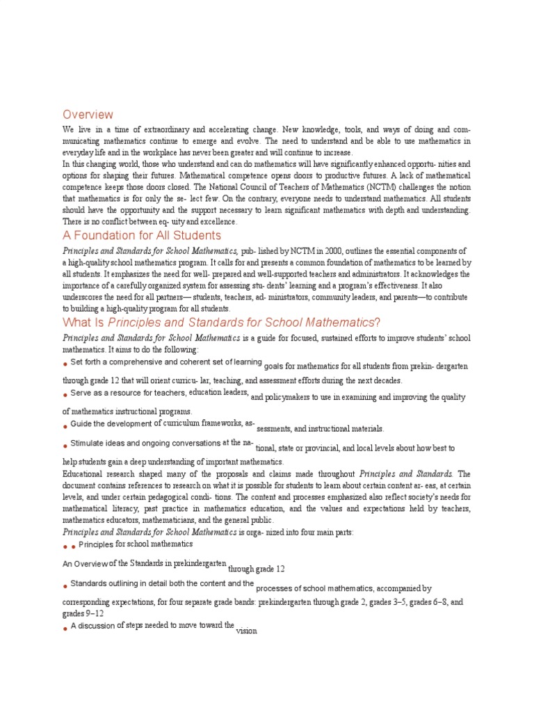 Executive Summary Principles And Standards For School Mathematics