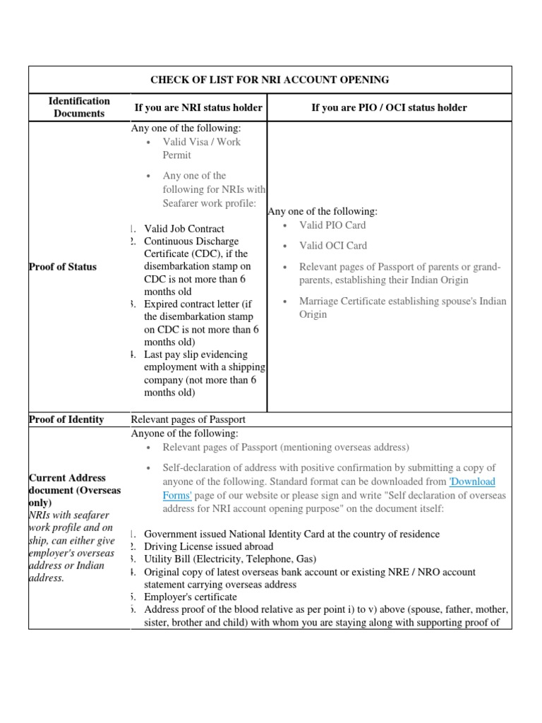 NRI Account Opening Document Checklist | PDF | Identity Document | Passport