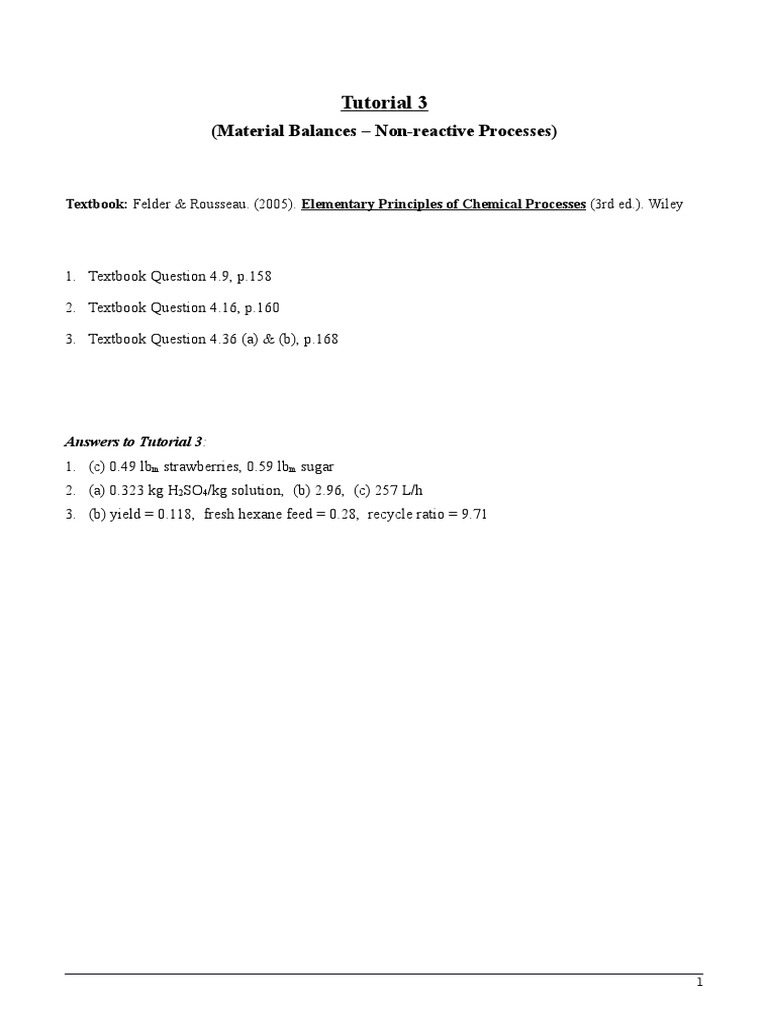 Tutorial 3: (Material Balances - Non-Reactive Processes) | PDF