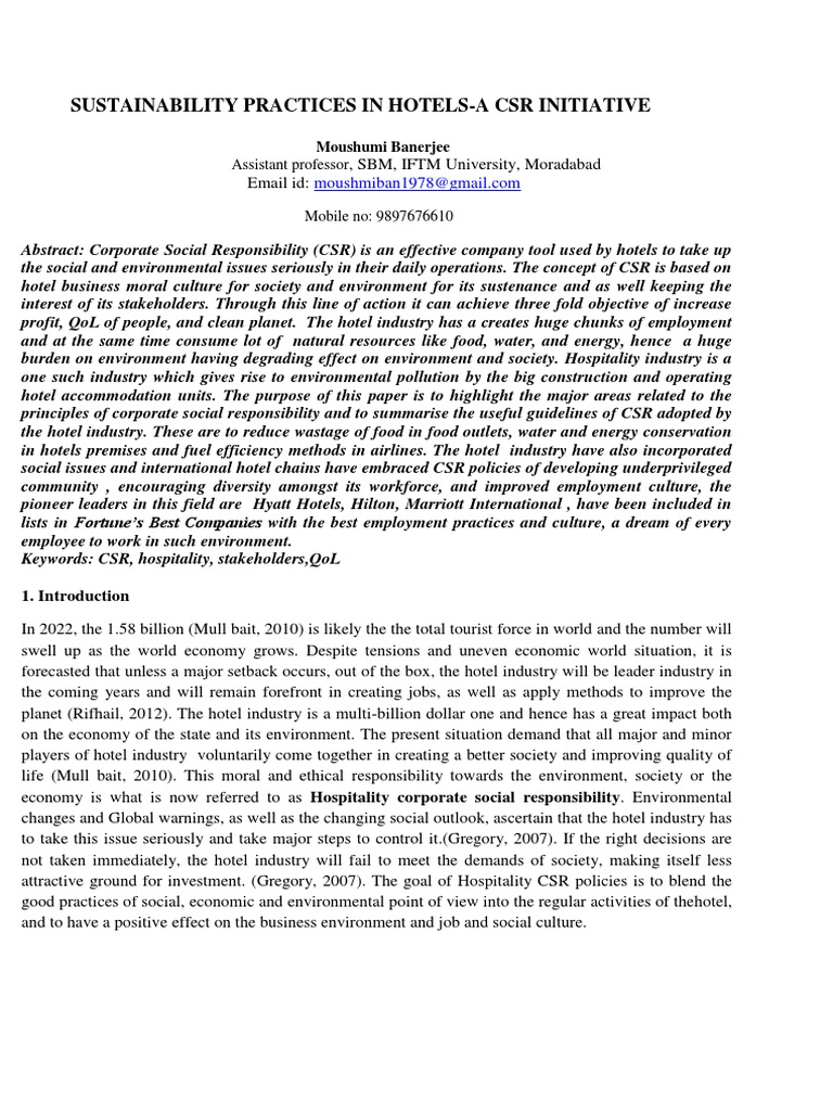 Sustainability Practices in Hotels-Csr Initiative | PDF | Corporate ...