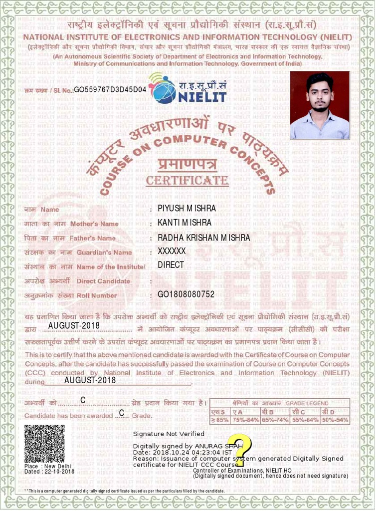 NIELIT CCC Certificate August 2018 | PDF