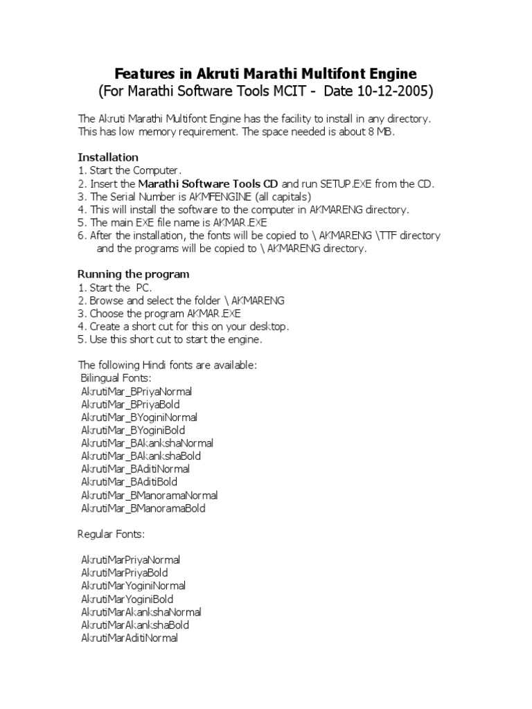 Akruti MultiFont Engine Readme | PDF | Microsoft Office | Letter Case