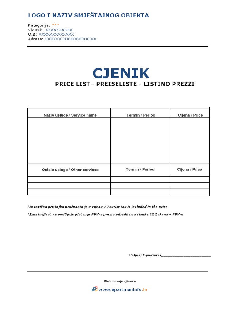 Cjenik Smještaja | PDF