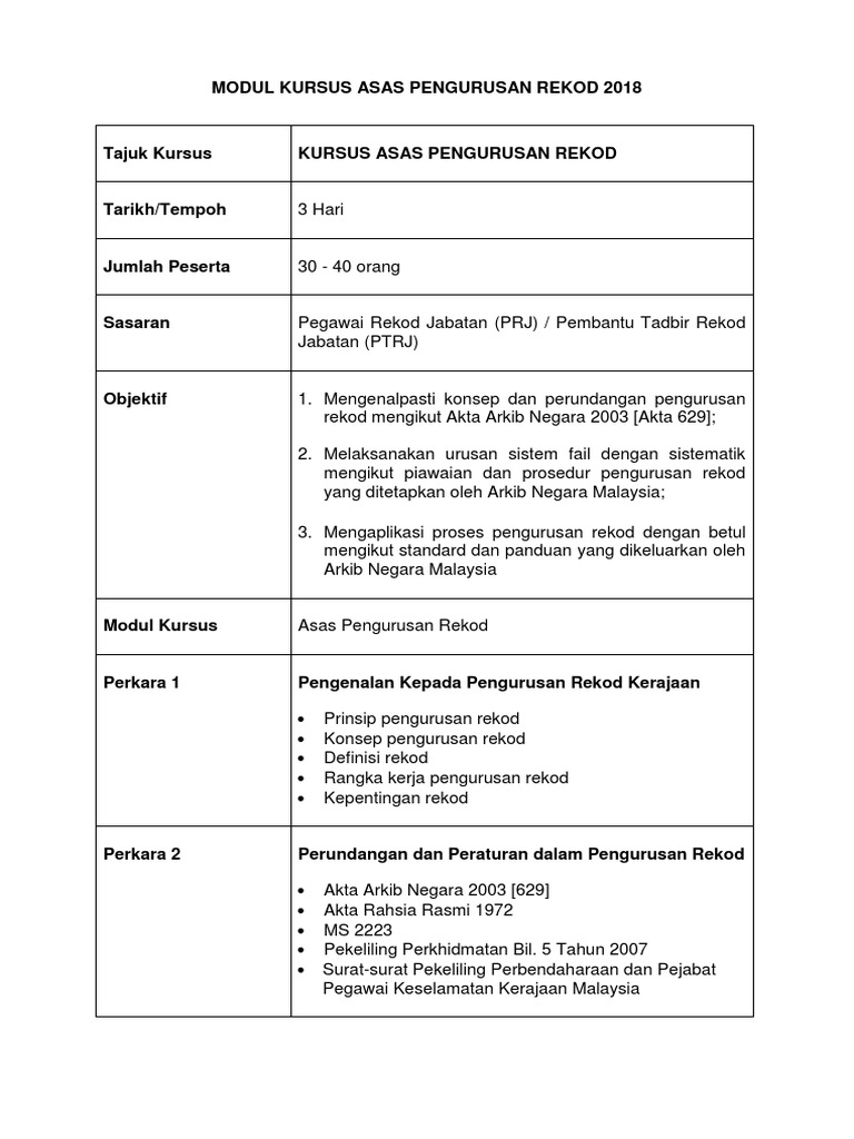 Modul Kursus Asas Pengurusan Rekod 2019 | PDF