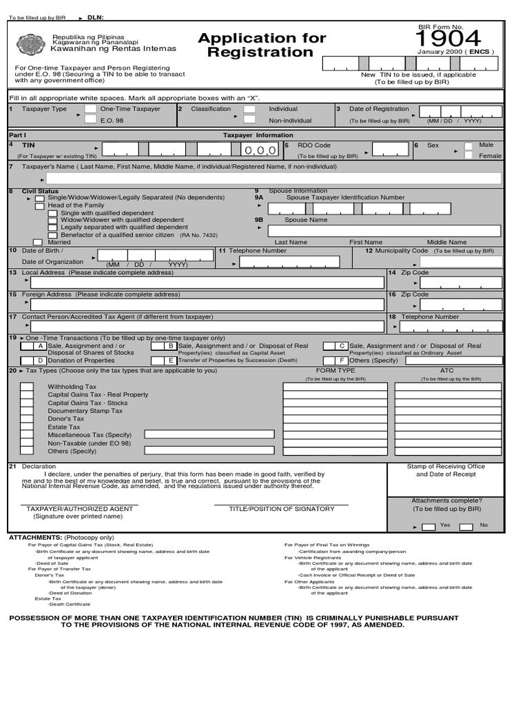 BIR Form 1904 Application Registration | PDF | Capital Gains Tax | Taxpayer BIR Form 1904 Application Registration | PDF | Capital Gains Tax | Taxpayer