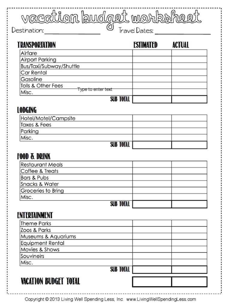 Vacation Budget Worksheet : Destination: Travel Dates | PDF