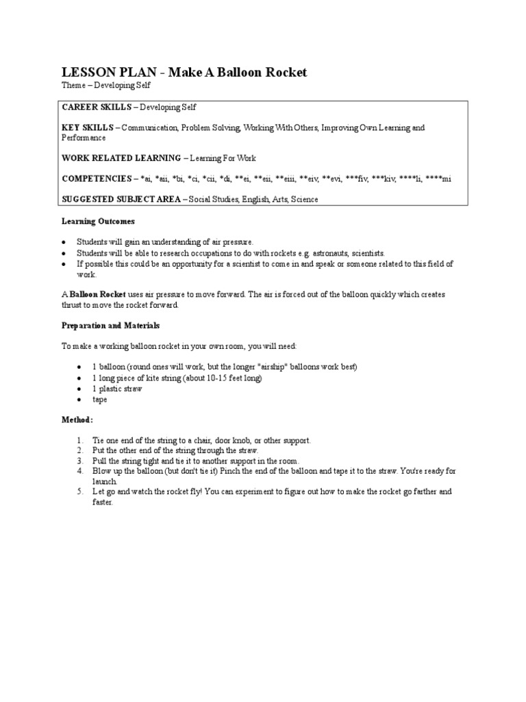 LESSON PLAN - Make A Balloon Rocket | PDF