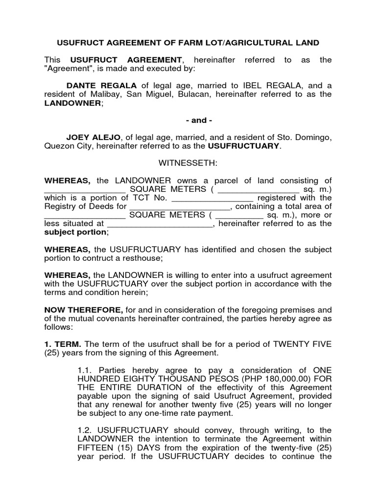 Usufruct Agreement | PDF | Lease | Natural Resources Law