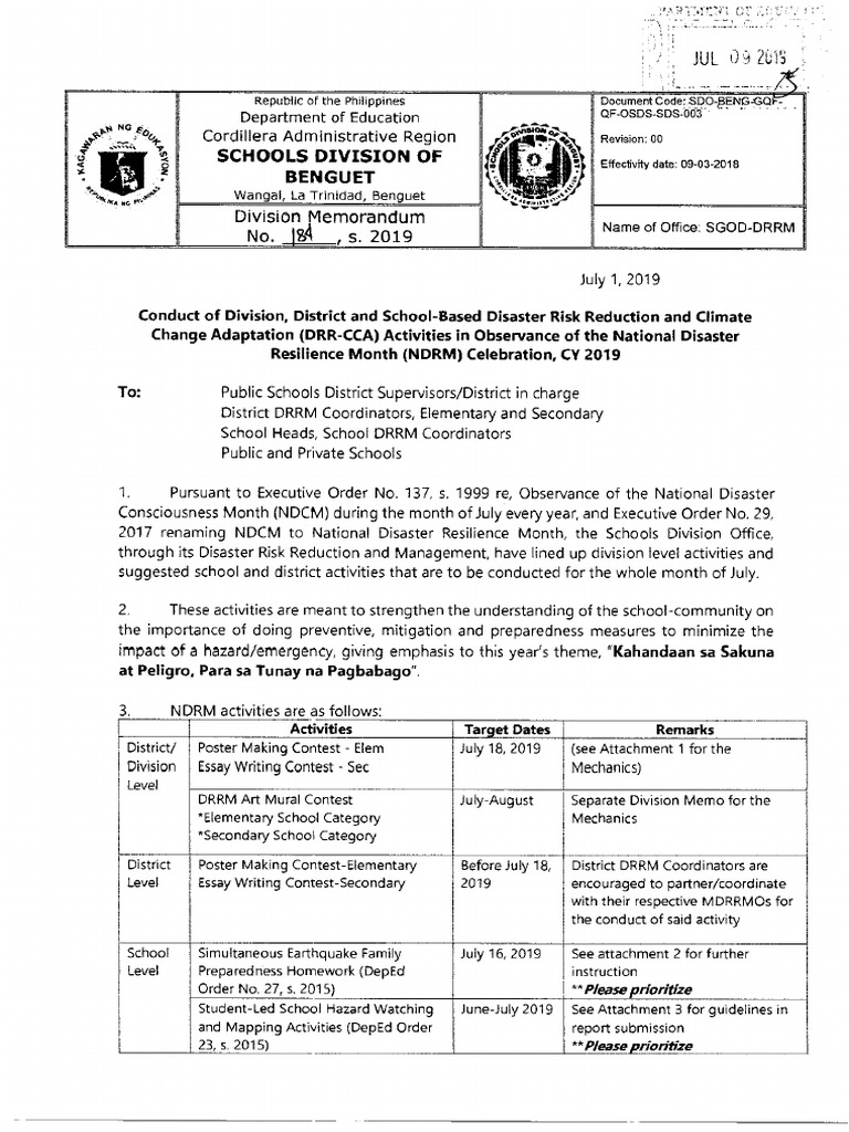 SDO MEMO 184 DRRM Contest | PDF