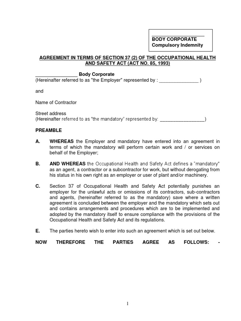 Agreement in Terms of Section 37 (2) of The Occupational Health and ...