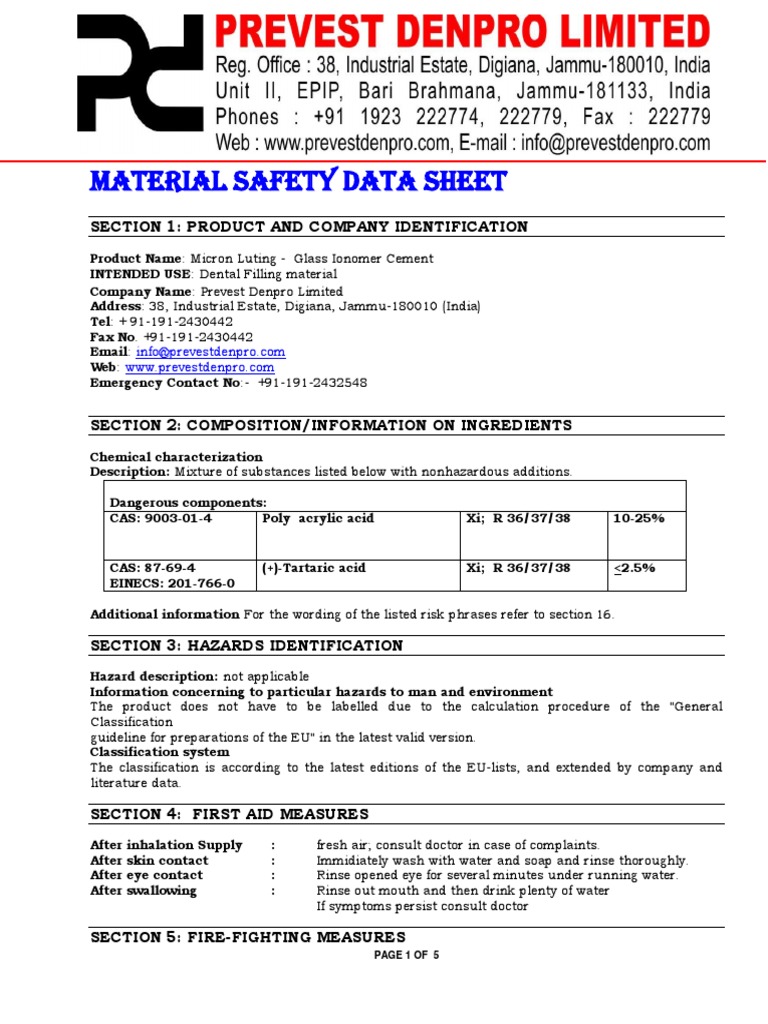 Dental Filling Material MSDS | PDF | Dangerous Goods | Solvent