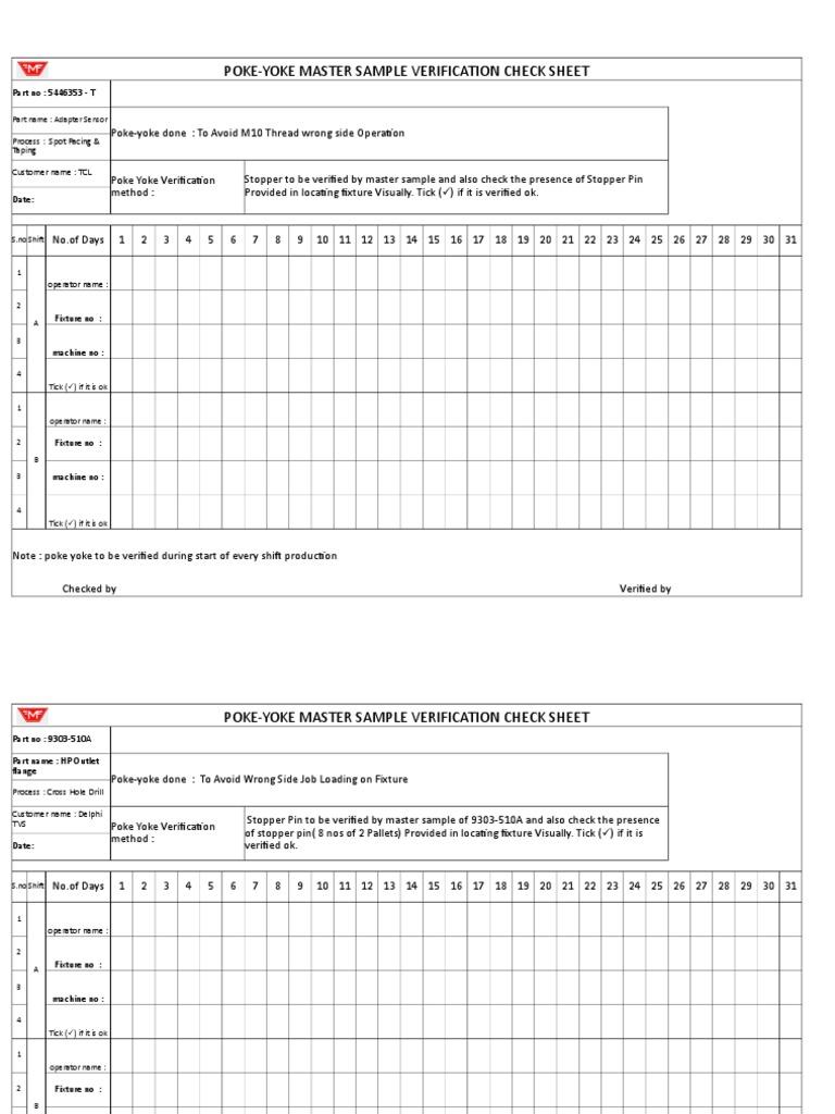 Poke-Yoke Master Sample Verification Check Sheet: Part No: 5446353 - T ...
