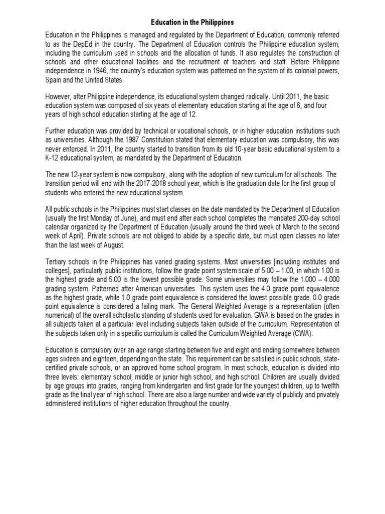 Essay Sample Education in The Philippines | PDF | Schools | Educational ...