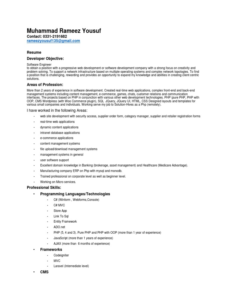 Muhammad Rameez Yousuf: Contact: 0331-2191682 | PDF | Web Development | Php