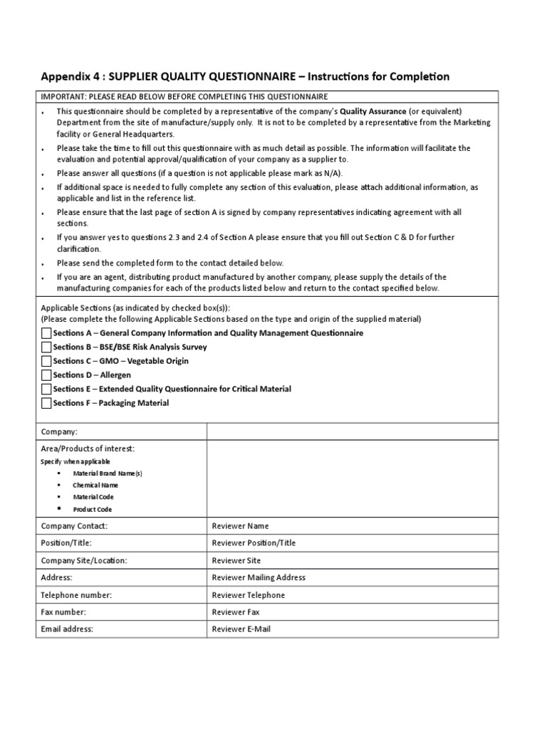 Appendix 4 - Supplier Quality Questionnaire | PDF | Questionnaire