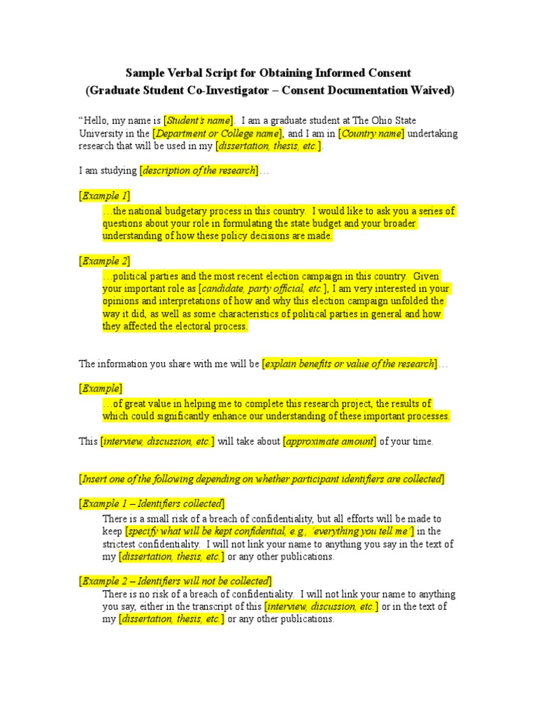 Informed Consent Example | PDF | Consent | Thesis