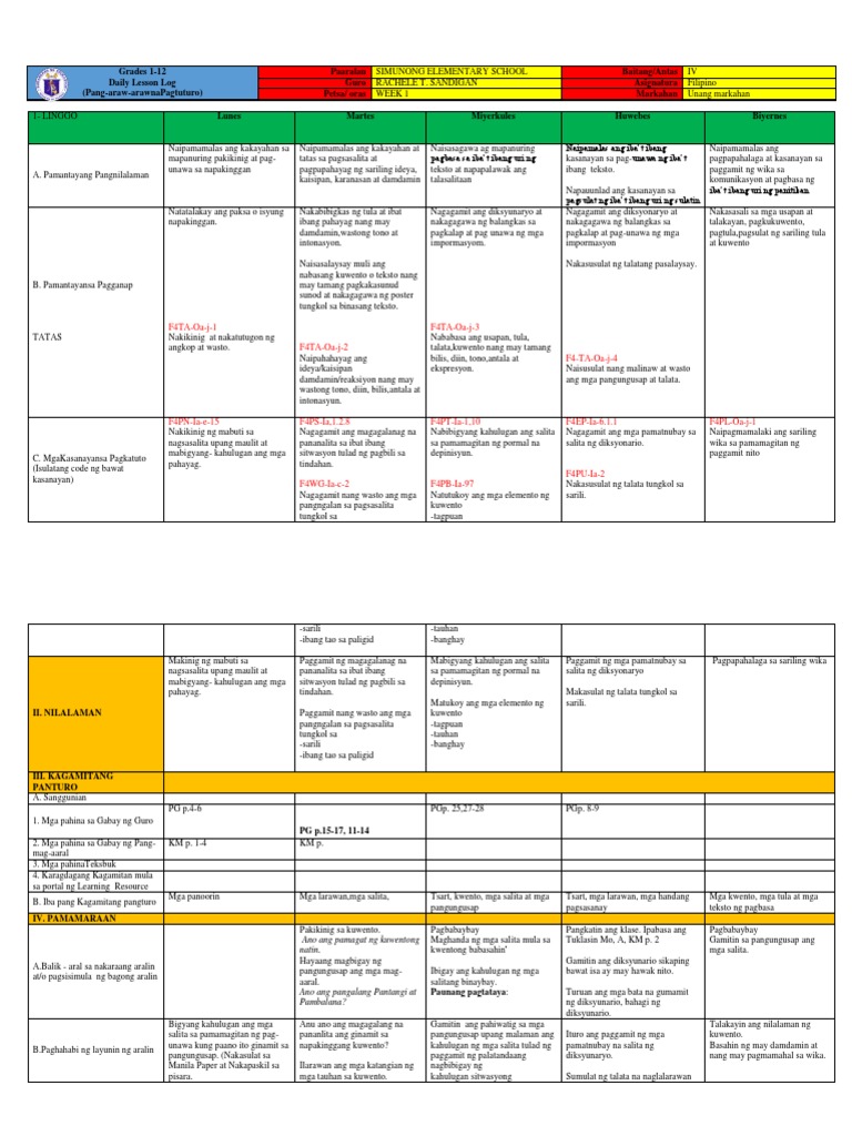 DLL Filipino Grade4 Quarter1 Week1 (Palawan Division) | PDF