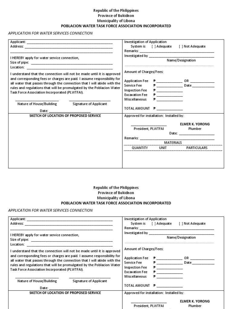 Water Service Connection Application Form | PDF | Government | Business
