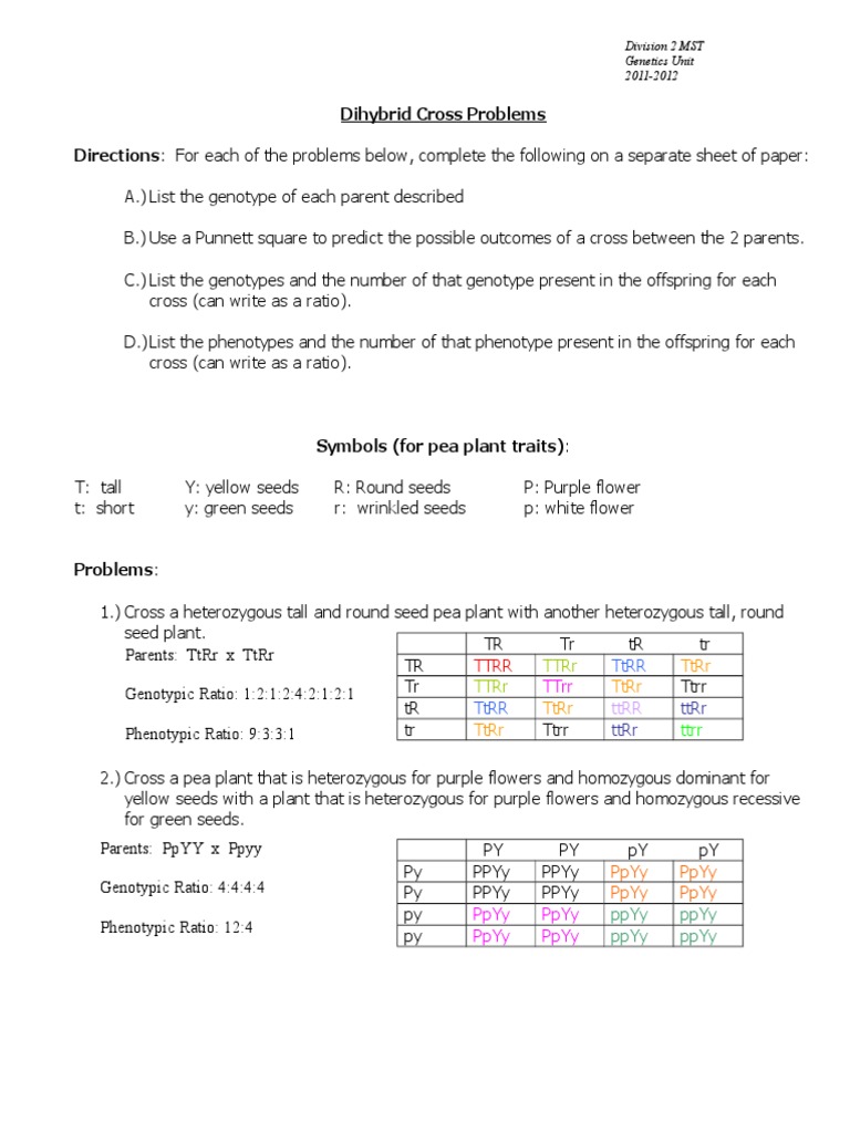 Dihybrid Cross Problems Directions: For Each of The Problems Below ...