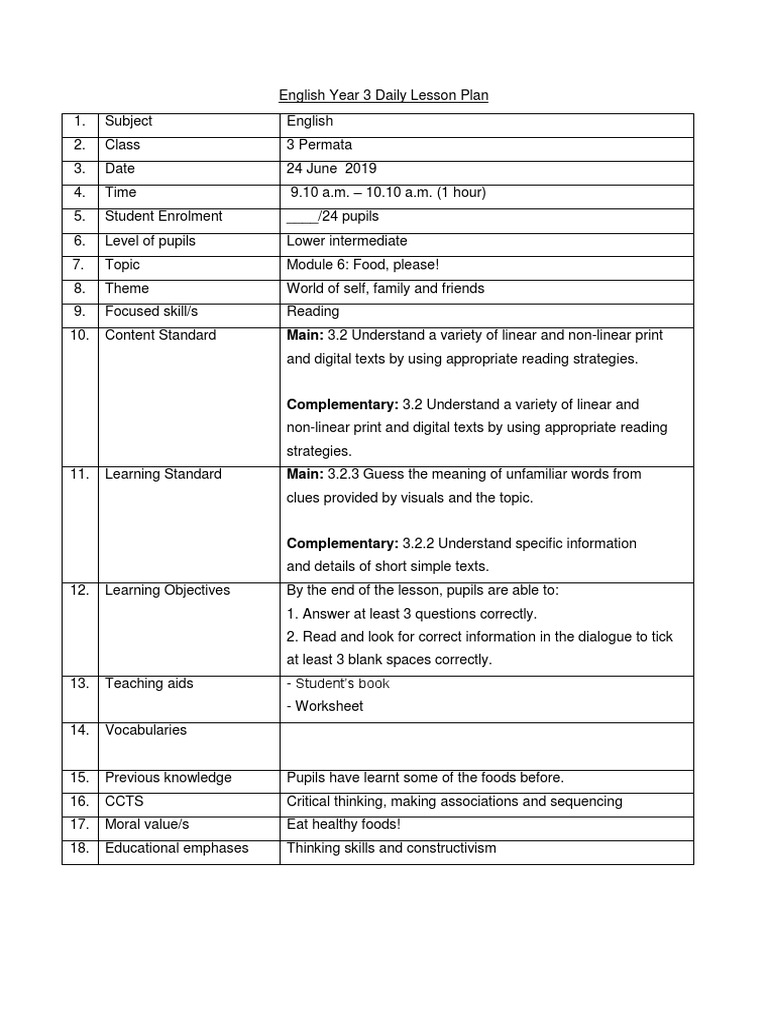English Year 3 Daily Lesson Plan (24.6.19) | PDF | Frying Pan | Reading ...