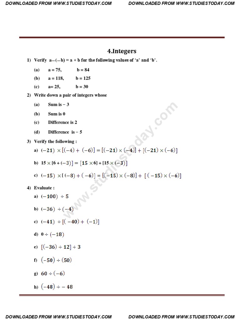 CBSE Clas 7 Maths Worksheet - Integers | Question | Mathematics