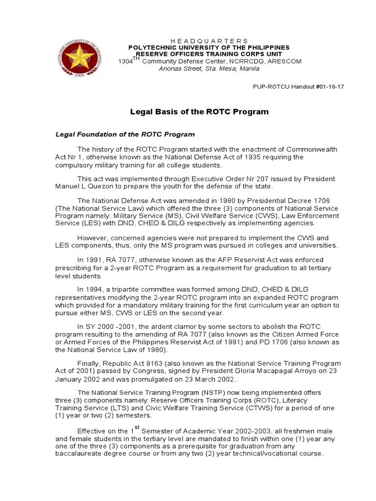 01 Legal Basis of ROTC Program PDF | Reserve Officers' Training Corps ...
