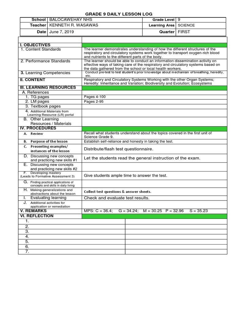 Grade 9 Daily Lesson Log: School Balocawehay Nhs Teacher Kenneth R ...