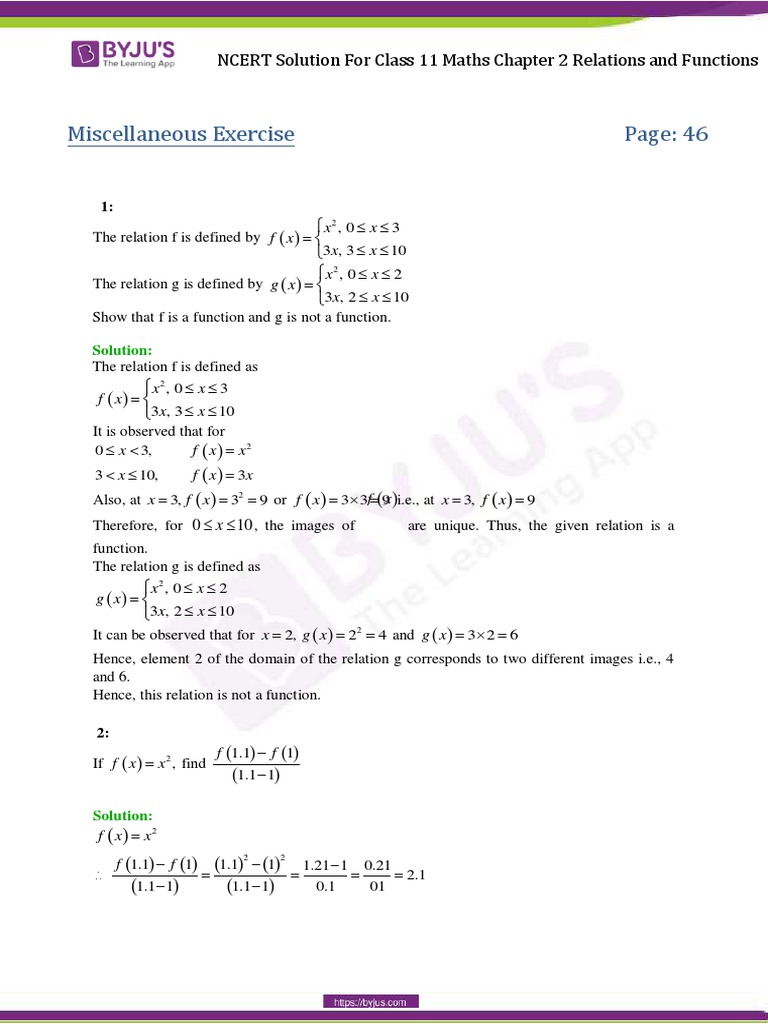 NCERT Solution For Class 11 Maths Chapter 2 Relations and Functions ...