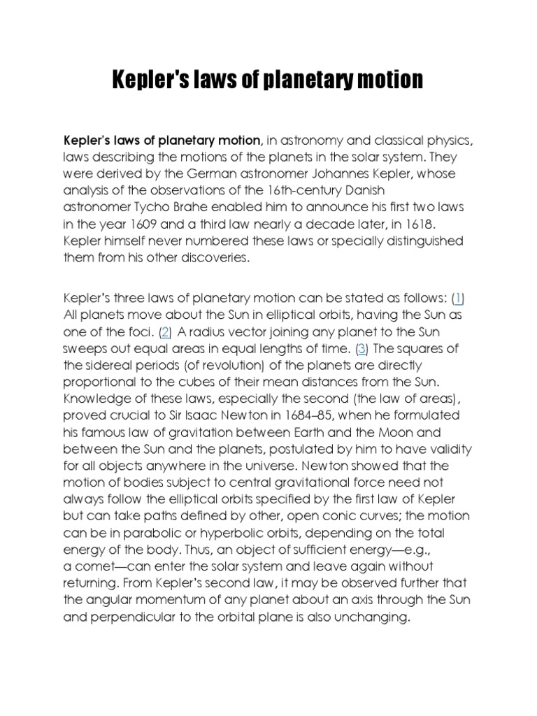 Kepler's Laws of Planetary Motion, in Astronomy and Classical Physics ...