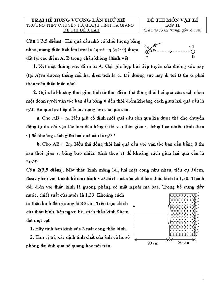 De Thi de Xuat Va Dap An Mon Vat Ly 11 Trai He Hung Vuong XII - THPT Chuyen Ha Giang | PDF