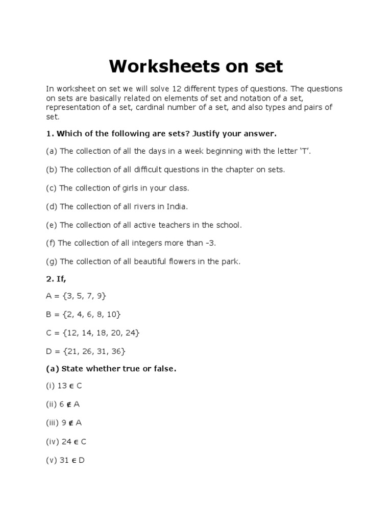 Worksheets On Set: 1. Which of The Following Are Sets? Justify Your ...
