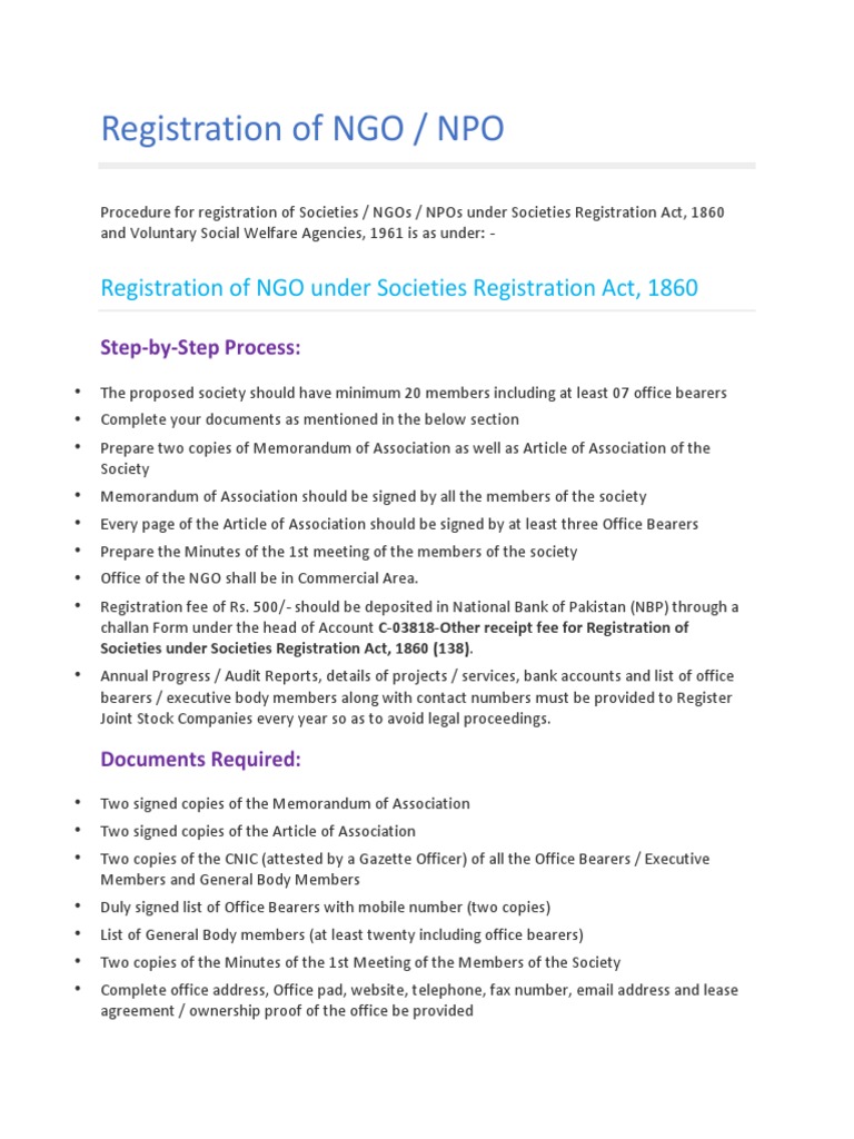 Registration of NGO Under Societies Registration Act, 1860 | PDF | Non ...