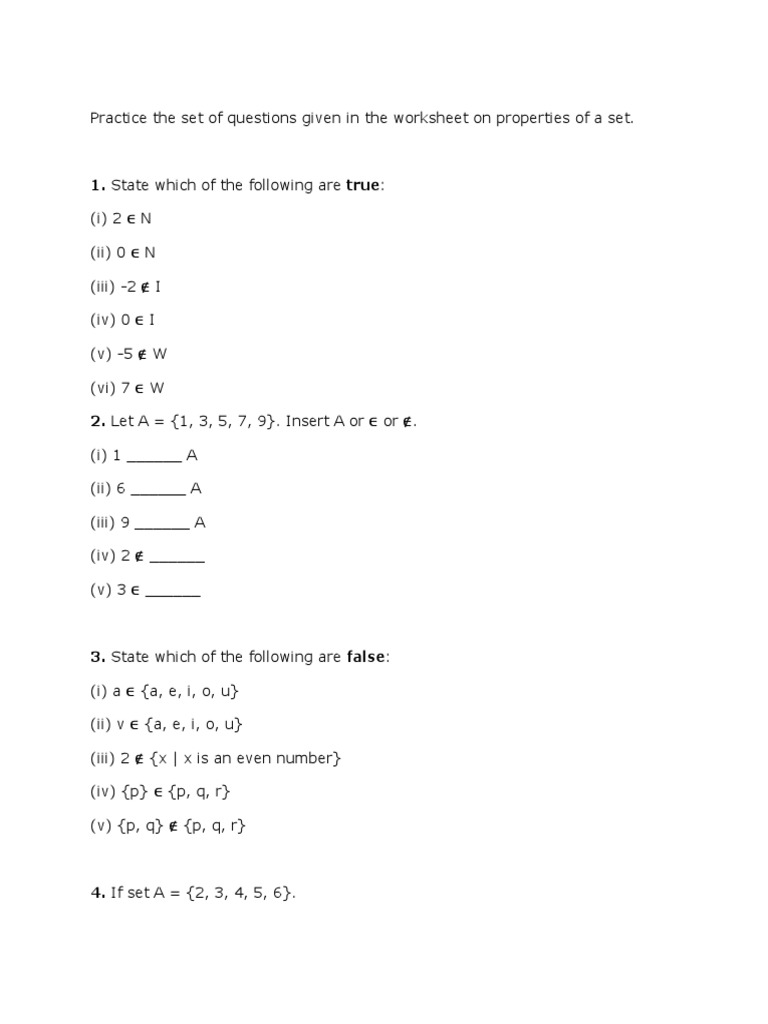 Set Theory Worksheet Practice | PDF