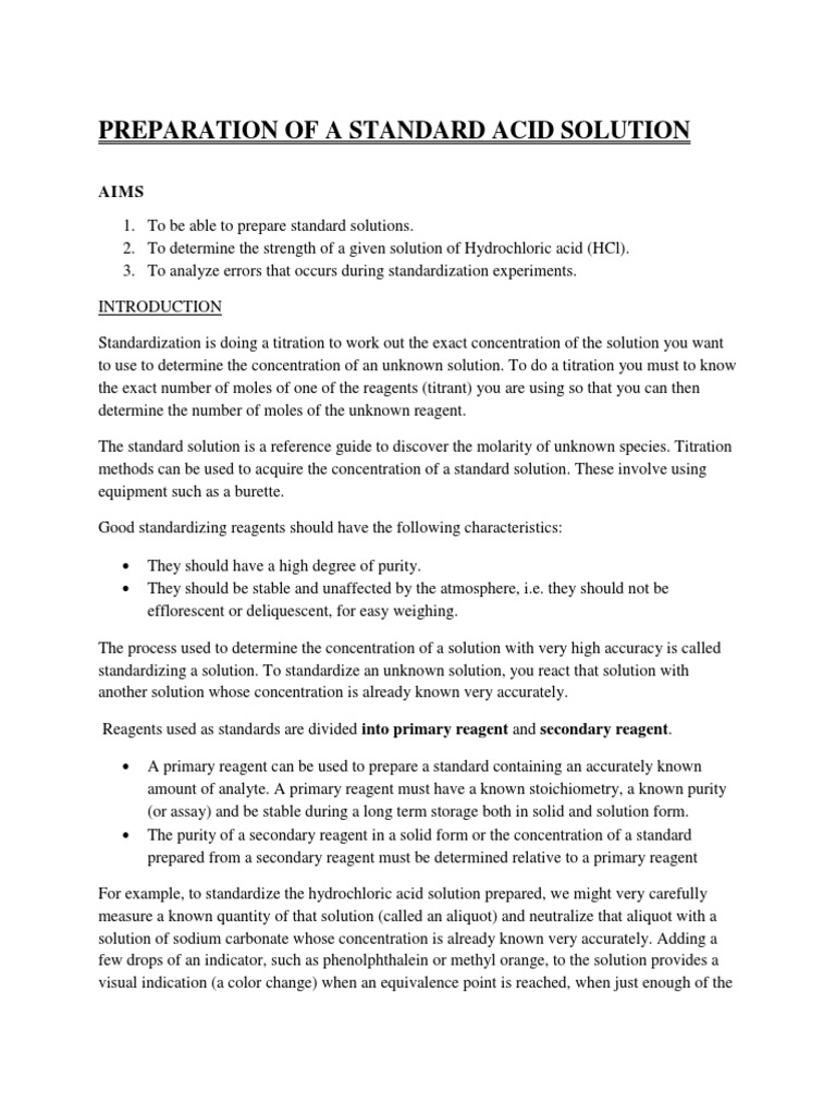 Standard Preparation of HCl Solution | PDF | Titration | Chemistry
