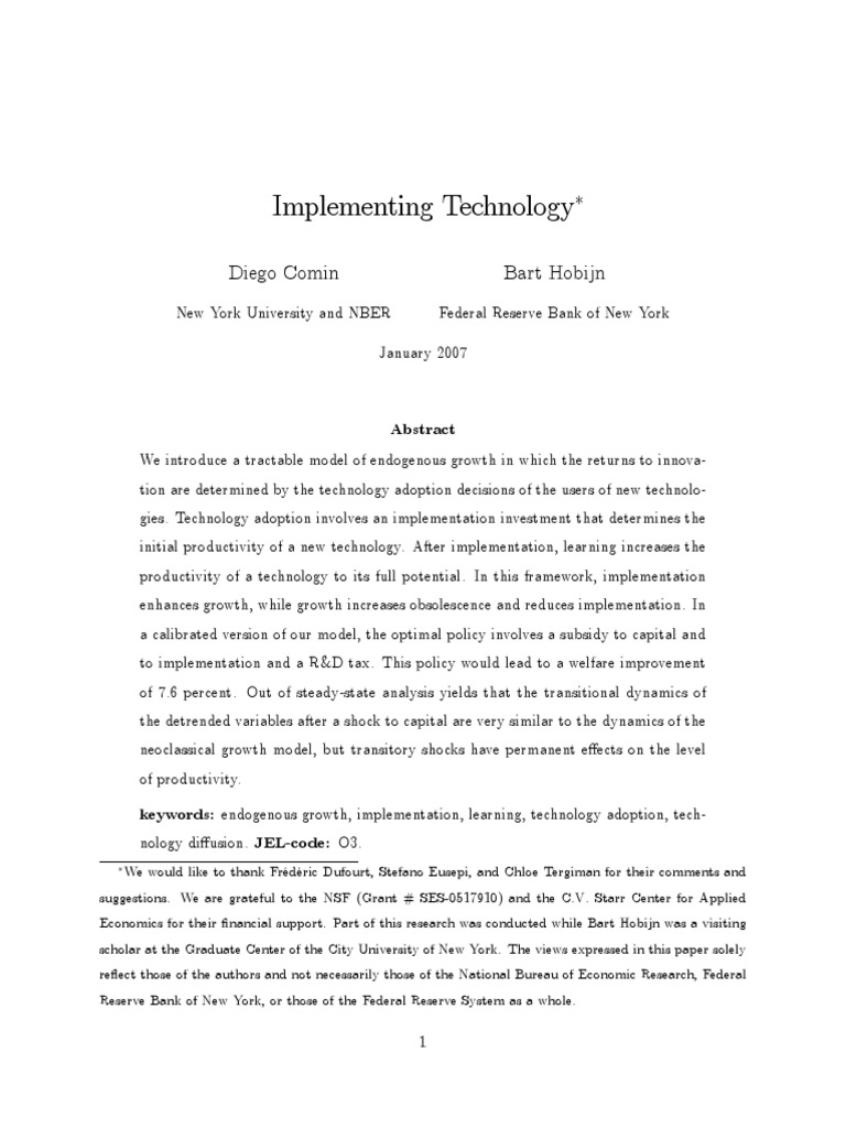Implementing Technology: Diego Comin Bart Hobijn | Download Free PDF ...