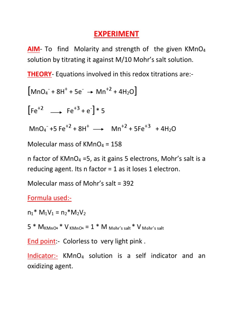 KMnO4 Molarity and Strength Titration | PDF