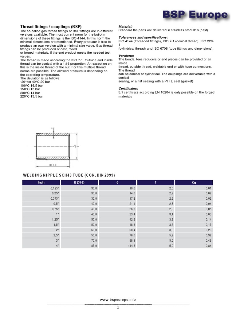 Thread Fittings / Couplings (BSP) : Welding Nipple Sch40 Tube (Con. Din 2999) | PDF | Pipe ...