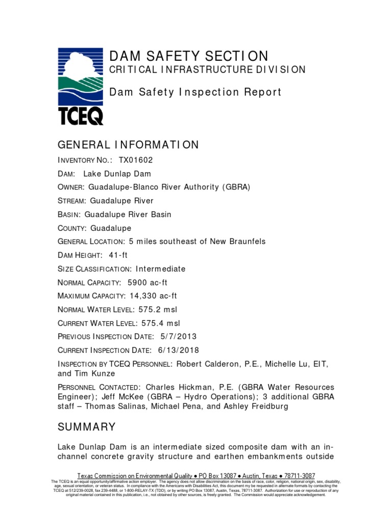 Lake Dunlap Dam 2018 Inspection | PDF | Spillway | Dam