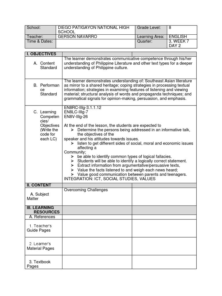 Grade 8 Asian Literature Daily Lesson Plan | PDF | Jews | Fallacy