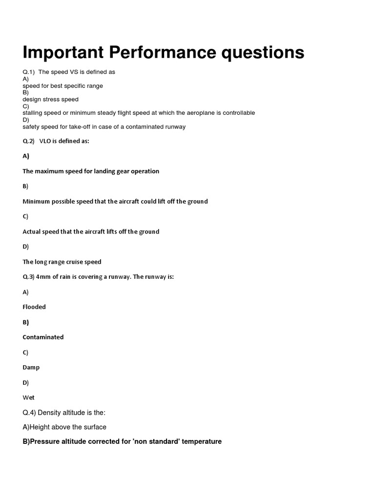 Important Performance Questions | PDF | Takeoff | Altitude