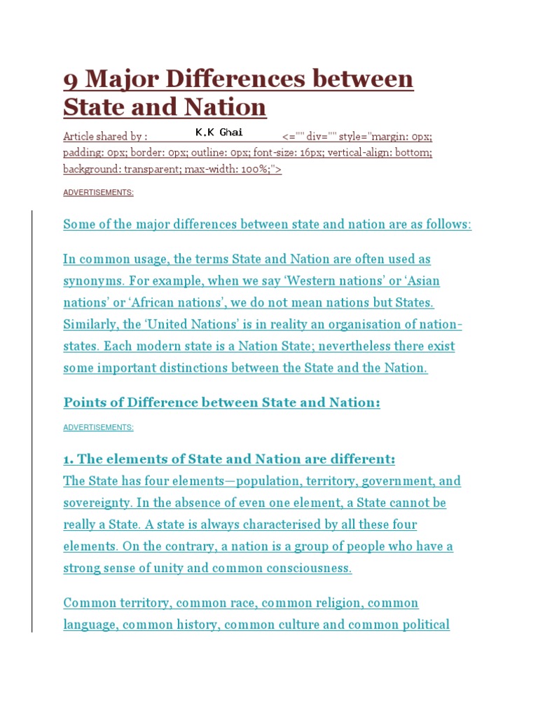 Distinctions Between State and Nation | PDF | Sovereign State | Nation
