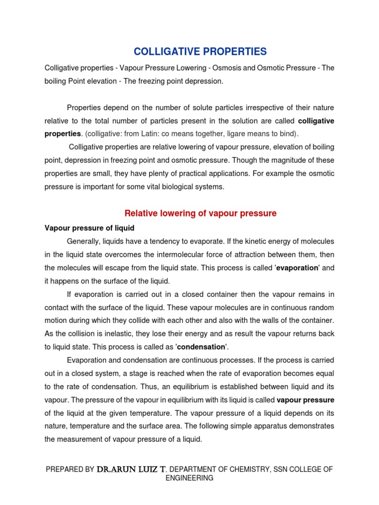 Colligative Properties Notes | PDF | Osmosis | Solution
